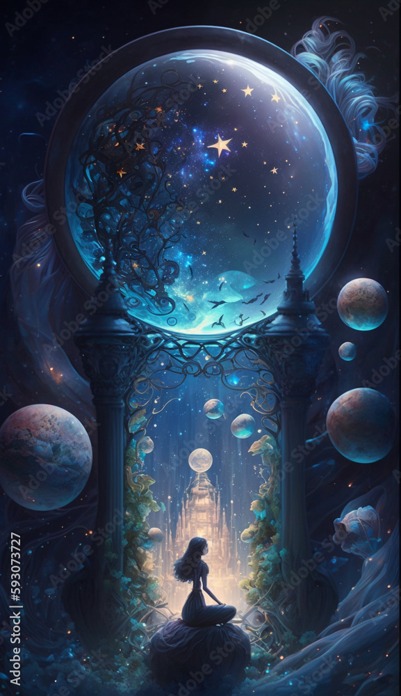 AI illustration of a fable scenery, magic huge tall passage and moon in ...