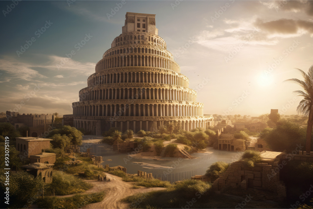 Ancient city of Babylon with the tower of Babel, bible and religion. AI ...