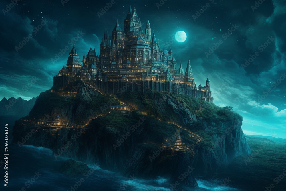 Majestic magic castle in the night with moonlight. Epic scene and ...
