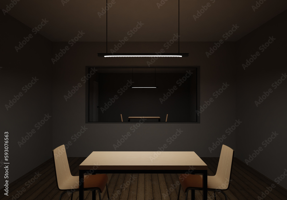 Debriefing or interrogation room with a one-way mirror window, 3d ...