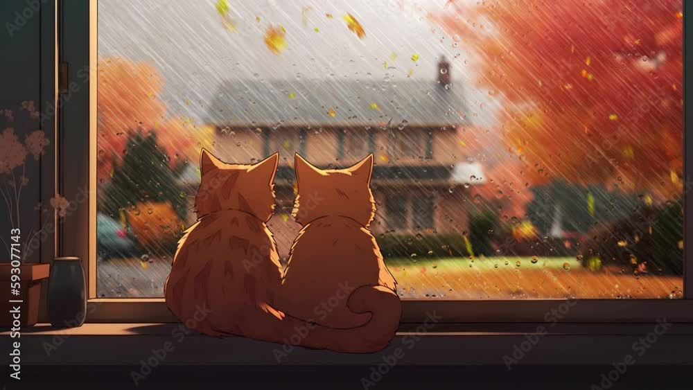 Two cartoon cats sit on a window and watch the rainy weather. 4k Looped ...