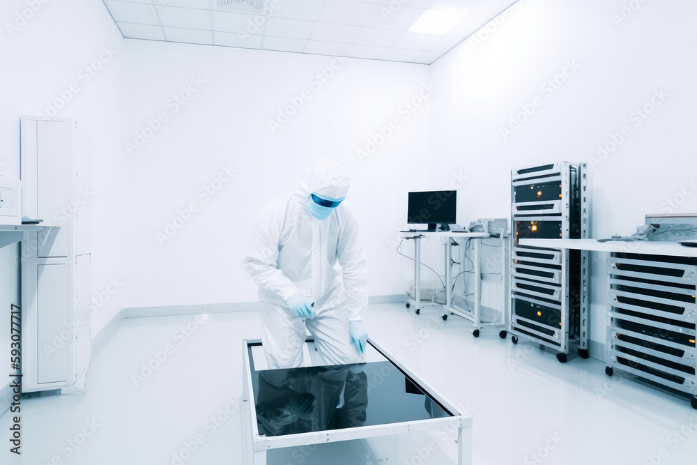 Data recovery center clean room with server and engineer in cleanroom ...