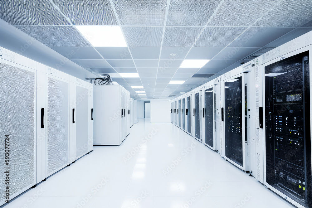 Data center clean room with servers on left and right sides, high key ...