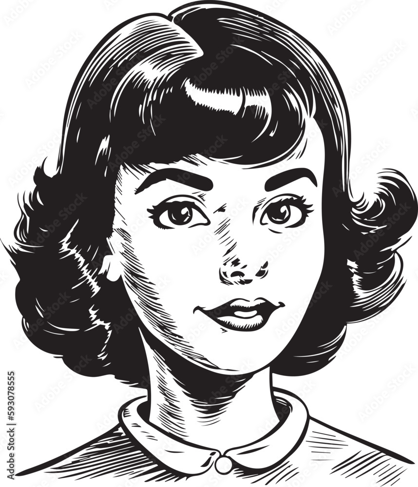 Vintage girl kids 60s style young kids . Retro comics black and white ...