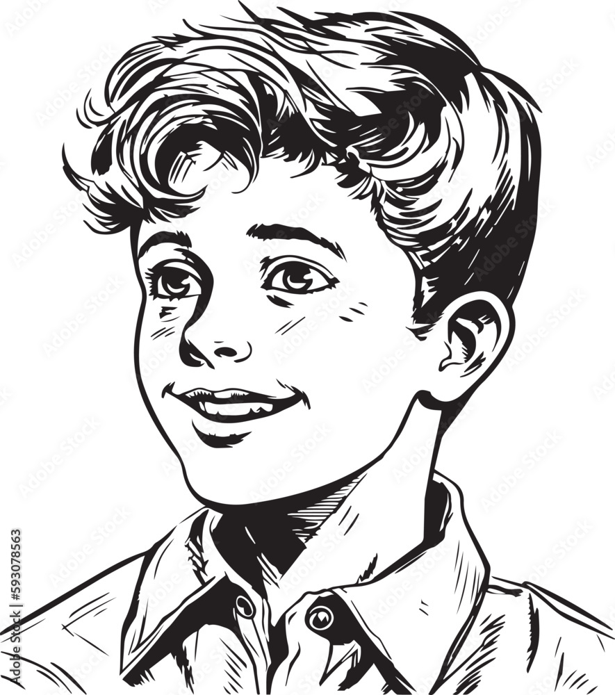 Vintage kids 60s style young kids . Retro comics black and white ink ...