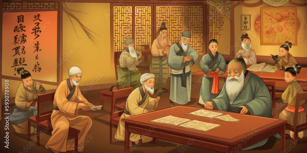 Depiction of a Confucian school, with students of various ages learning ...