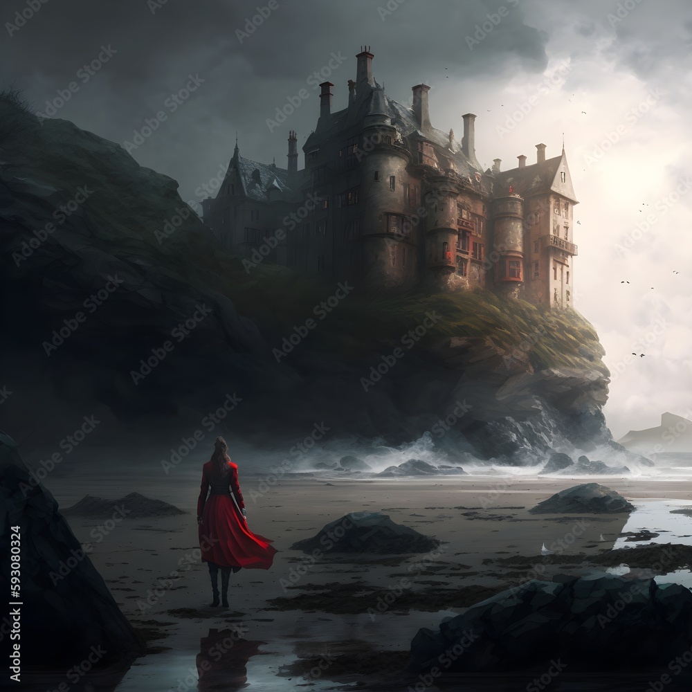 photorealistic concept art of a castle on a cleft nearby the sea a lady ...