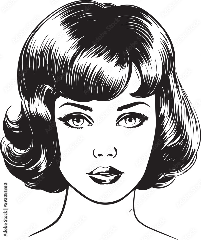 Vintage woman 60s style young woman. Retro comics woman head black and ...