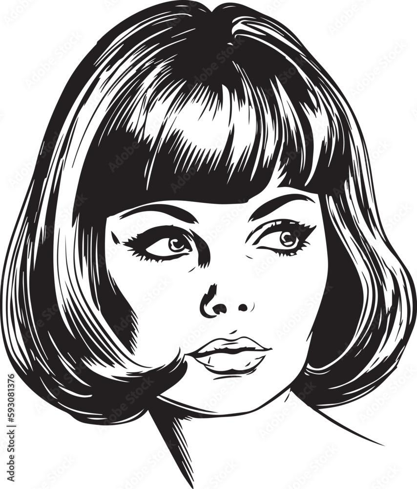 Vintage woman 60s style young woman. Retro comics woman head black and ...