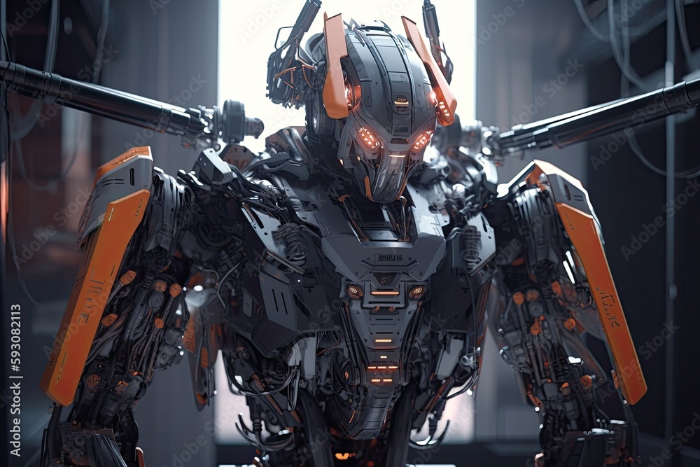 future conflict massive mecha robot made up of the head, arms, legs ...