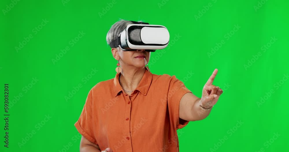 Virtual reality, green screen and woman in 3D metaverse using a ...
