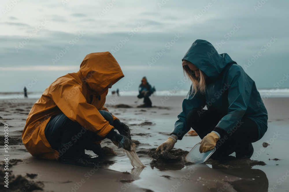 Group of eco volunteers picking up plastic trash on the beach ...