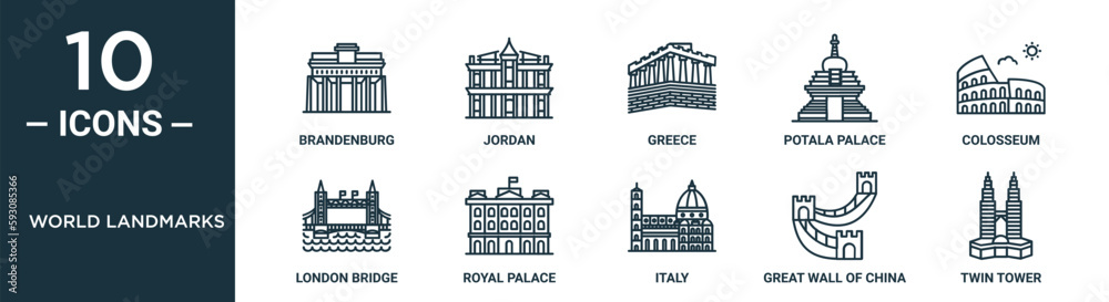 world landmarks outline icon set includes thin line brandenburg, greece ...