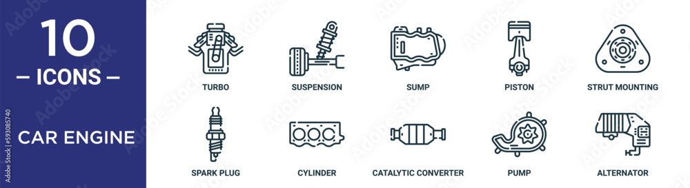 car engine outline icon set includes thin line turbo, sump, strut ...