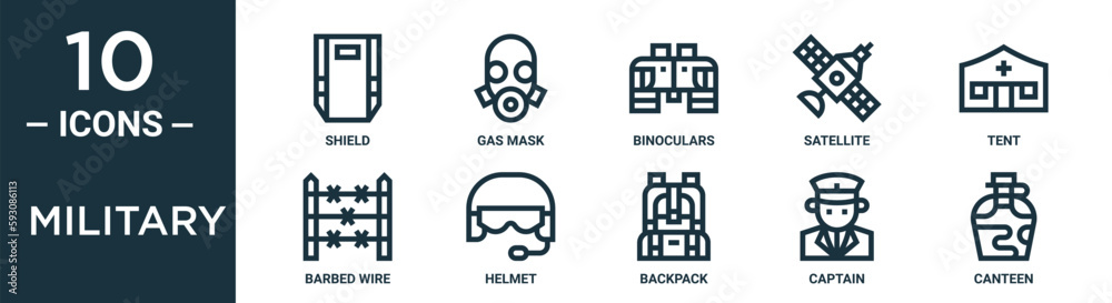 military outline icon set includes thin line shield, binoculars, tent ...