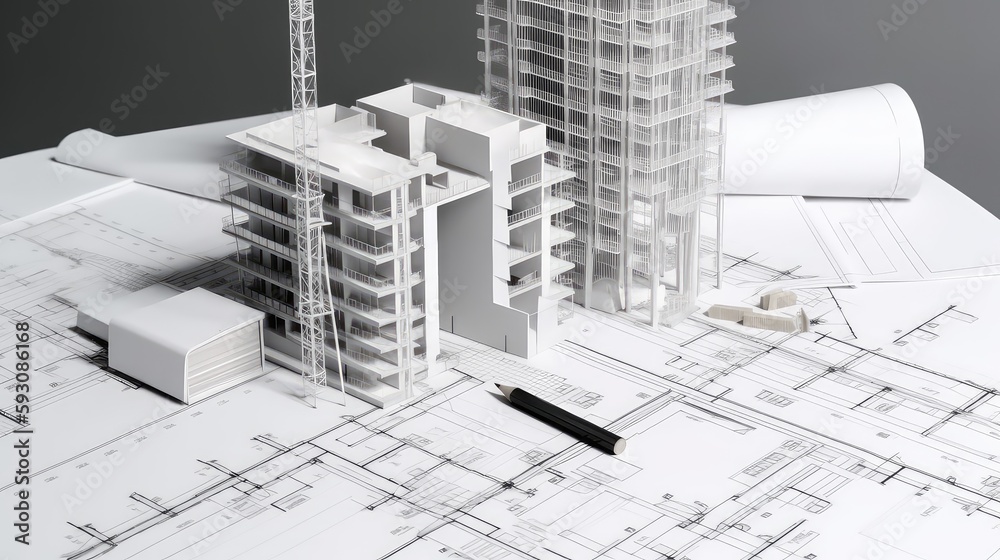 Architectural model of houses on desk with drawing technical tools on ...