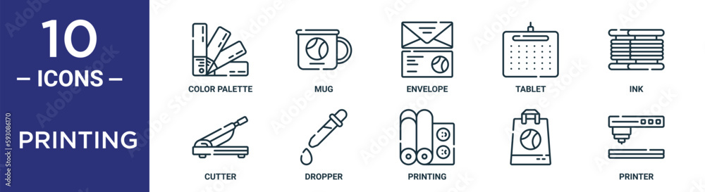 printing outline icon set includes thin line color palette, envelope ...