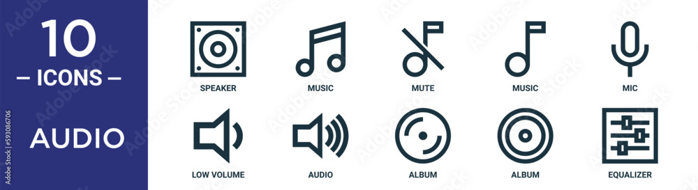 audio outline icon set includes thin line speaker, mute, mic, audio ...