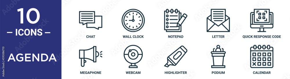 agenda outline icon set includes thin line chat, notepad, quick ...