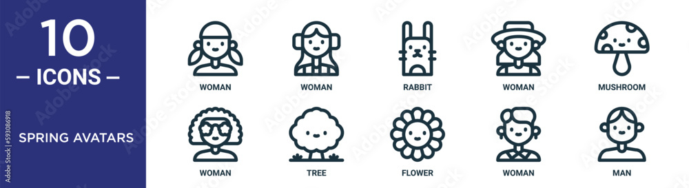 spring avatars outline icon set includes thin line woman, rabbit ...
