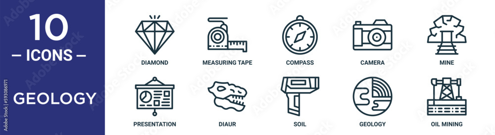 Vetor de geology outline icon set includes thin line diamond, compass ...