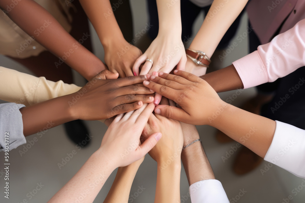 Many hands from diverse people joining together in circle, people putting hands together as ...