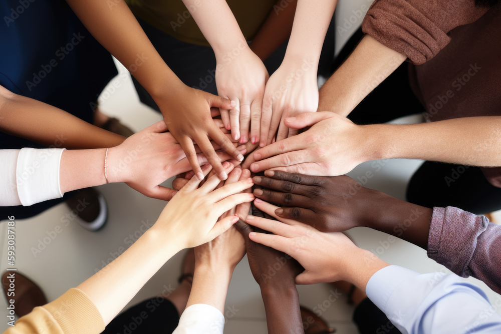 Many hands from diverse people joining together in circle, people ...