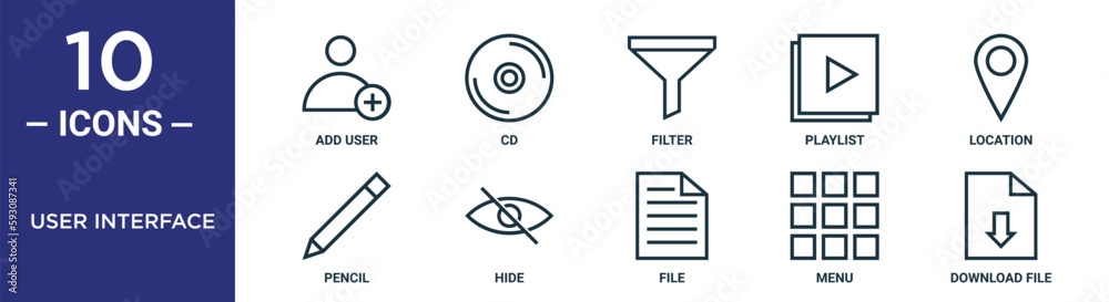 user interface outline icon set includes thin line add user, filter, location, hide, menu ...