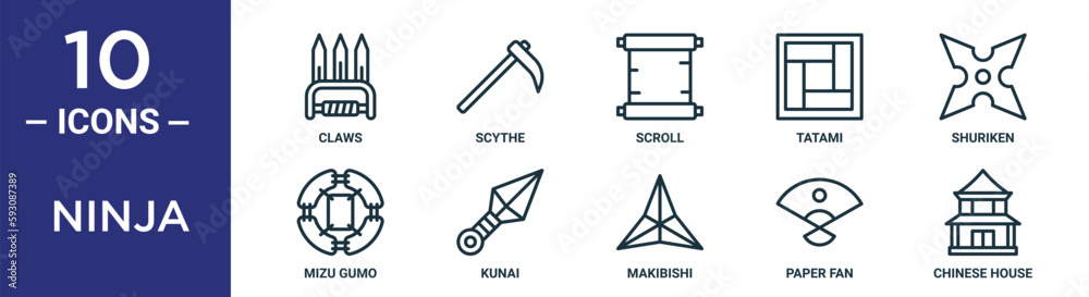 ninja outline icon set includes thin line claws, scroll, shuriken ...