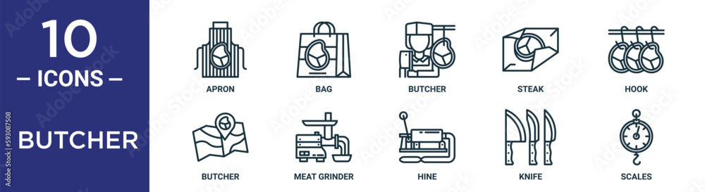 butcher outline icon set includes thin line apron, butcher, hook, meat ...