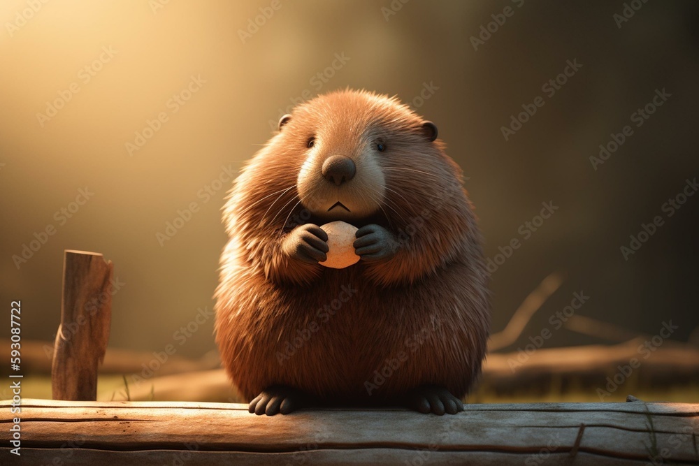 Cute fluffy beaver gnawing wood semi flat color raster character. Soft ...