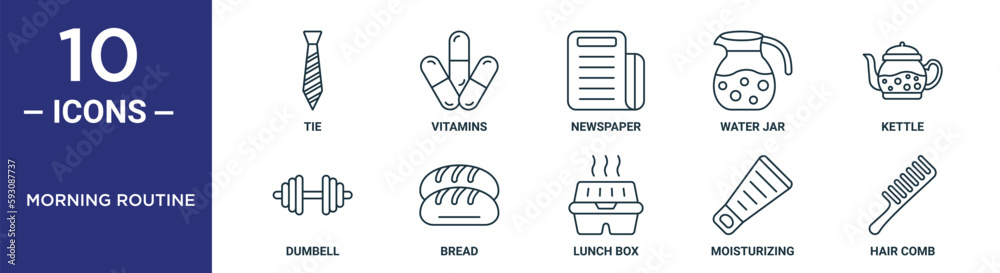 morning routine outline icon set includes thin line tie, newspaper ...