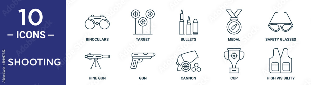 shooting outline icon set includes thin line binoculars, bullets ...