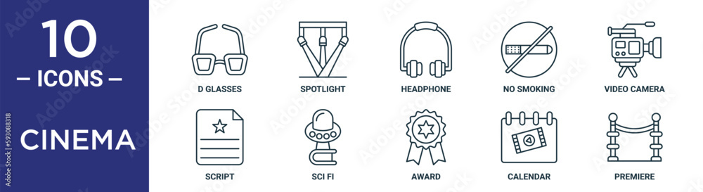cinema outline icon set includes thin line d glasses, headphone, video ...