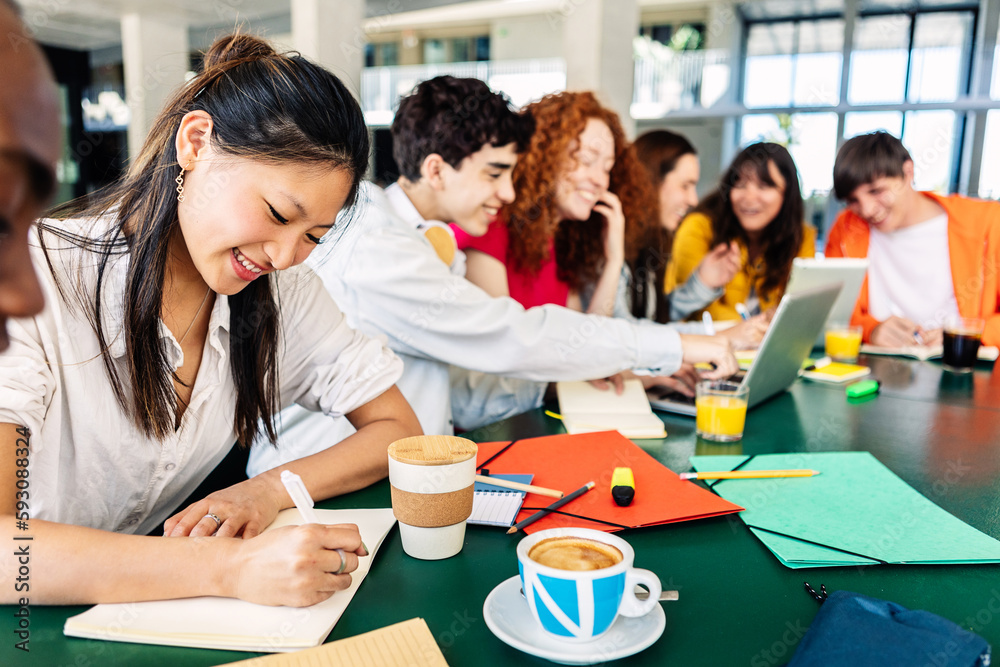 Young group of multiracial college students studying together at campus ...