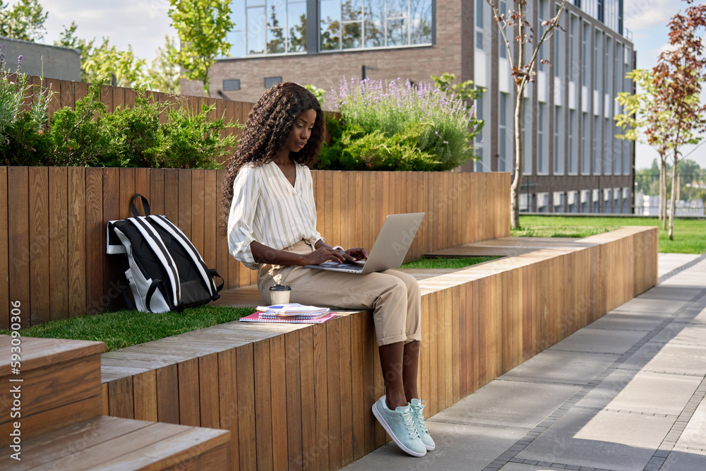 Happy black young woman model, pretty curly African female university ...