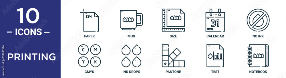 printing outline icon set includes thin line paper, size, no ink, ink ...
