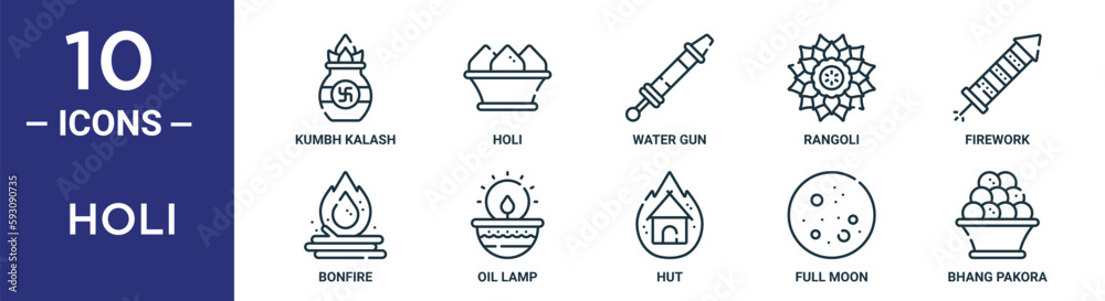 holi outline icon set includes thin line kumbh kalash, water gun ...