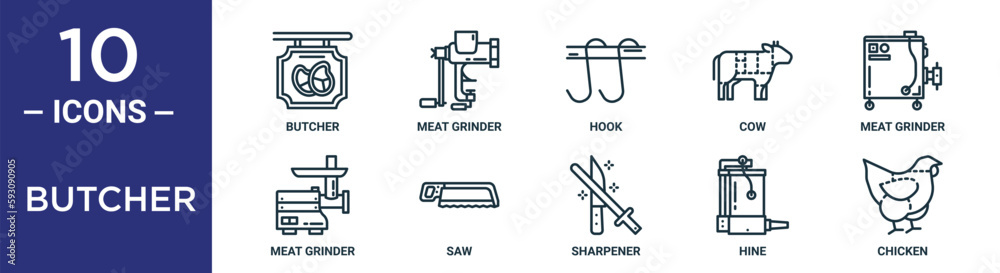 butcher outline icon set includes thin line butcher, hook, meat grinder ...