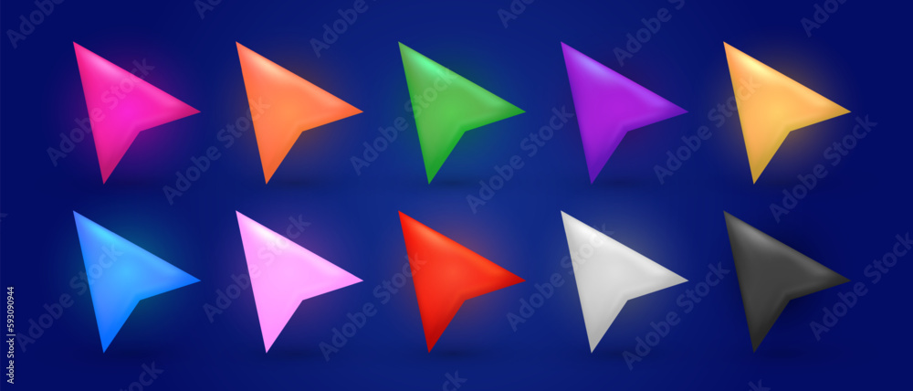 Colorful arrows, mouse cursors for computer game and ui design. Vector cartoon set of glossy ...