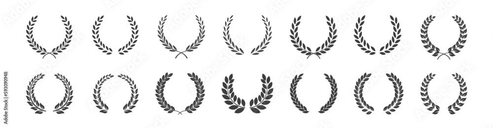 Set of black circular foliate laurels branches. Laurel wreath ...