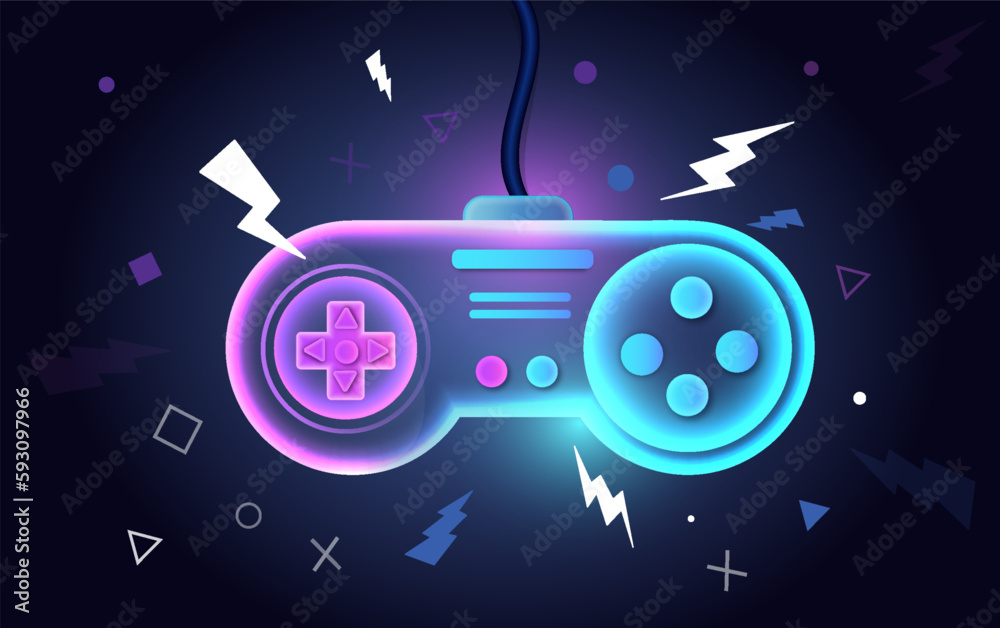 Retro game banner. Neon controller and joystick. Entertainment and fun ...