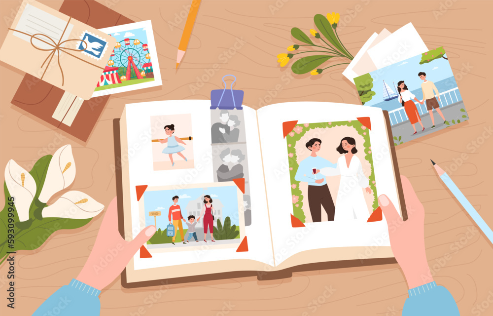 Family album concept. Character opens book with photos of parents and ...