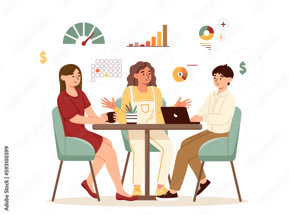 Concept of coworking. Man and women sit at table and discuss project ...