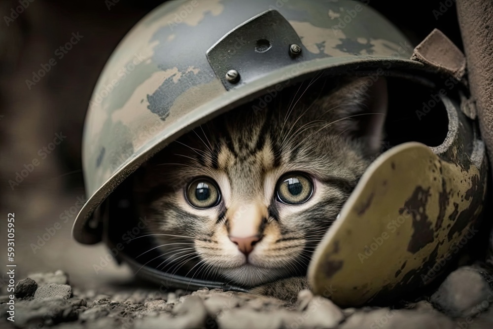 A military helmet allows a kitten to peek out. taking care of animals ...