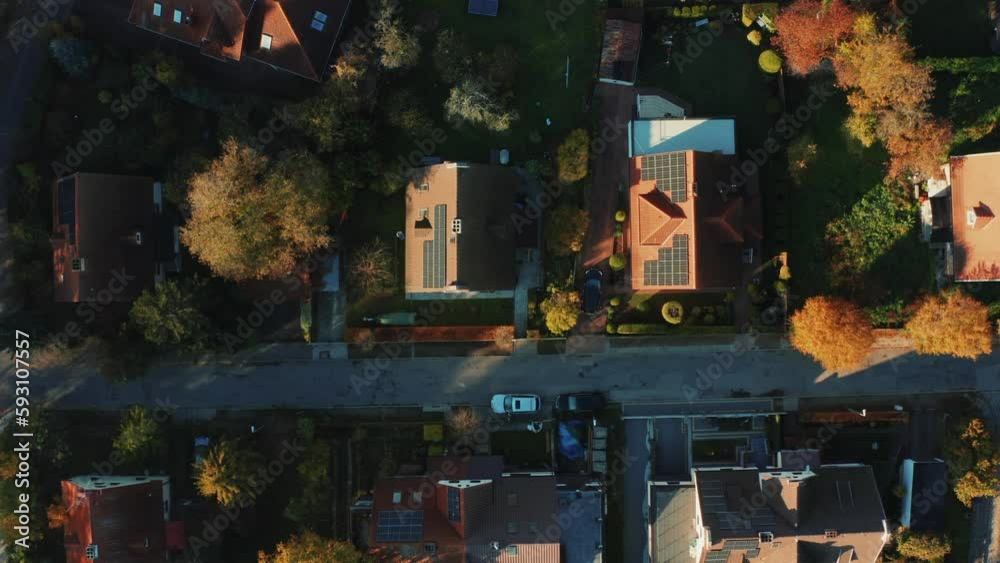 Drone shot Top view shot of a flight of rooftop country houses and ...