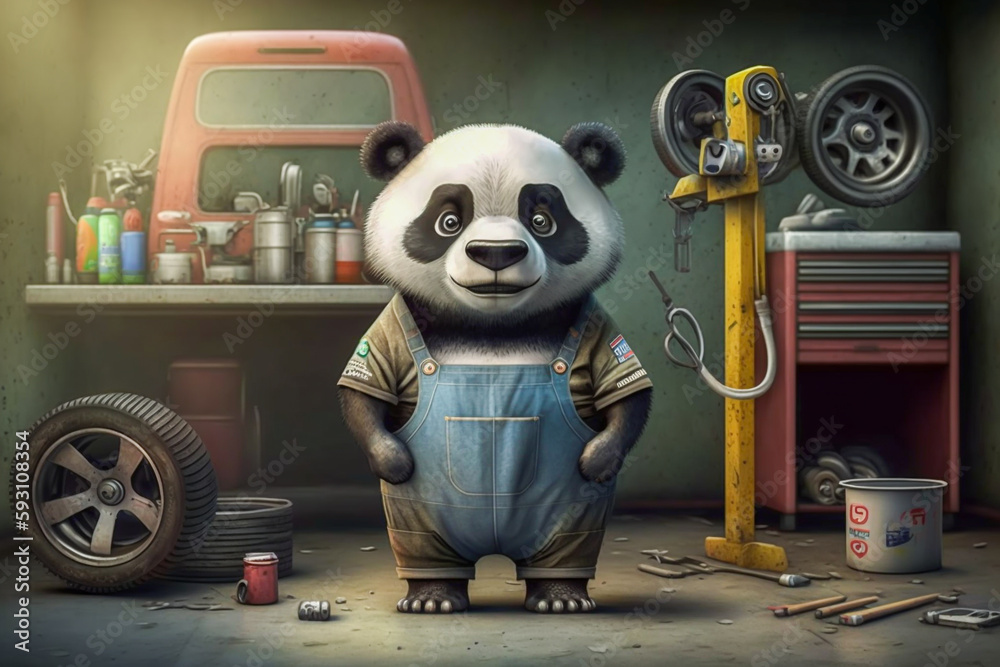 Cartoon Panda wearing overalls curiously looking at viewer in the ...