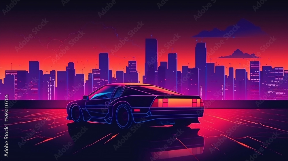 Retro synthwave poster with city landscape, super car and sunset. Night ...
