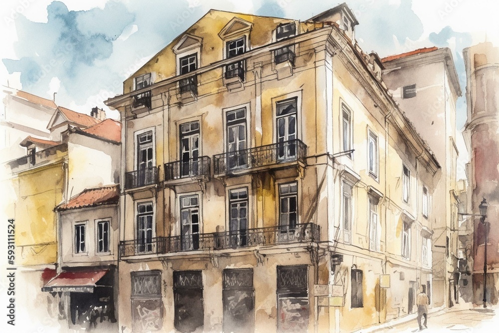 Lisbon Portugal Watercolor Travel Sketch. Lisbon cityscape. Portugal ...