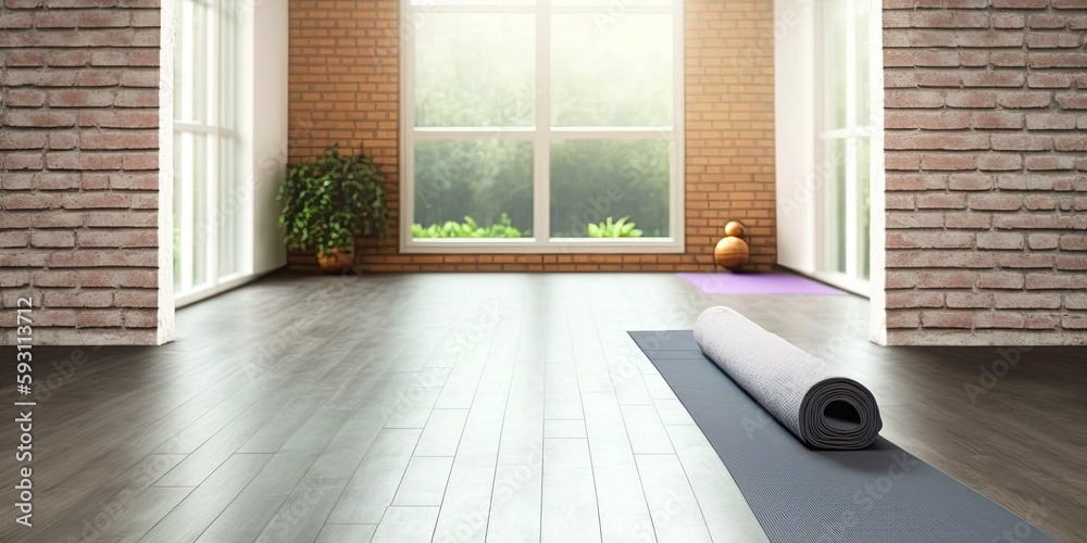 Yoga mat on natural wooden floor in empty room in fitness center ...